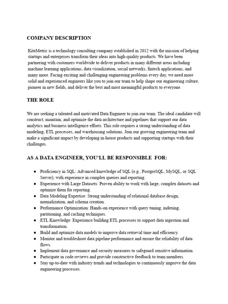 Kite Metric - Data - Engineer - JD | PDF | Data | Sql