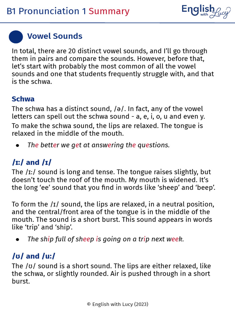 (B1) Pronunciation 1 PDF Summary - Vowel Sounds | PDF | Vowel | Human Voice