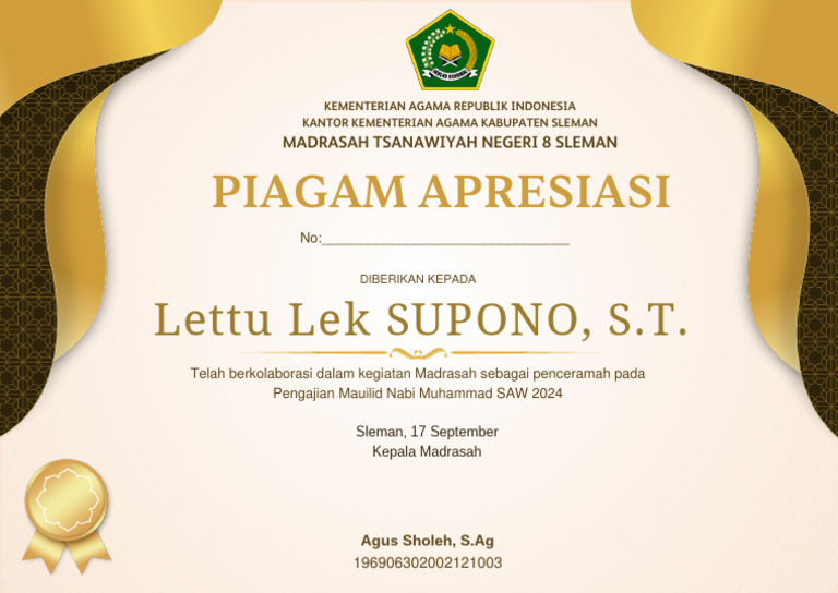 Cokelat Emas Elegan Islami Piagam Penghargaan Juara Lomba Sertifikat ...