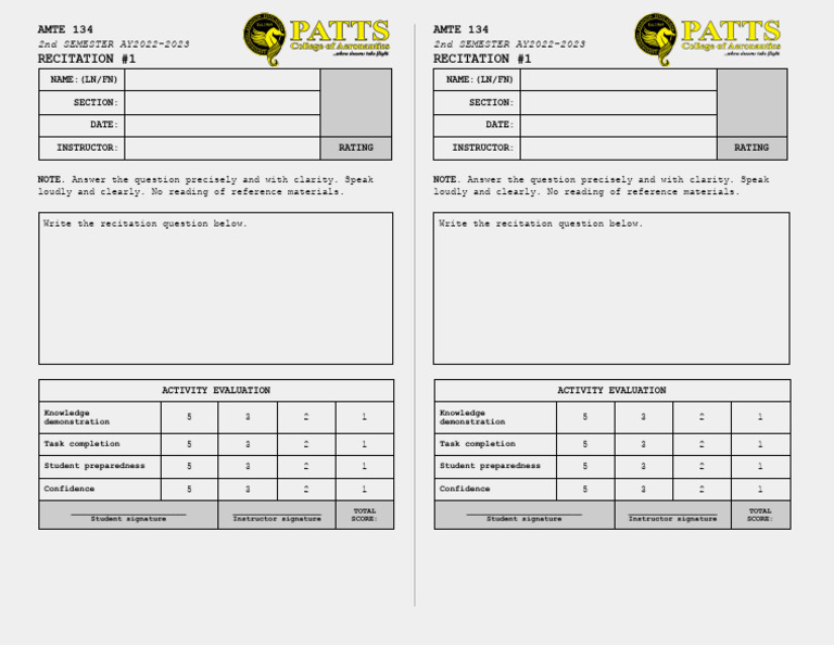AMTE 134 Recitation Evaluation Form | PDF