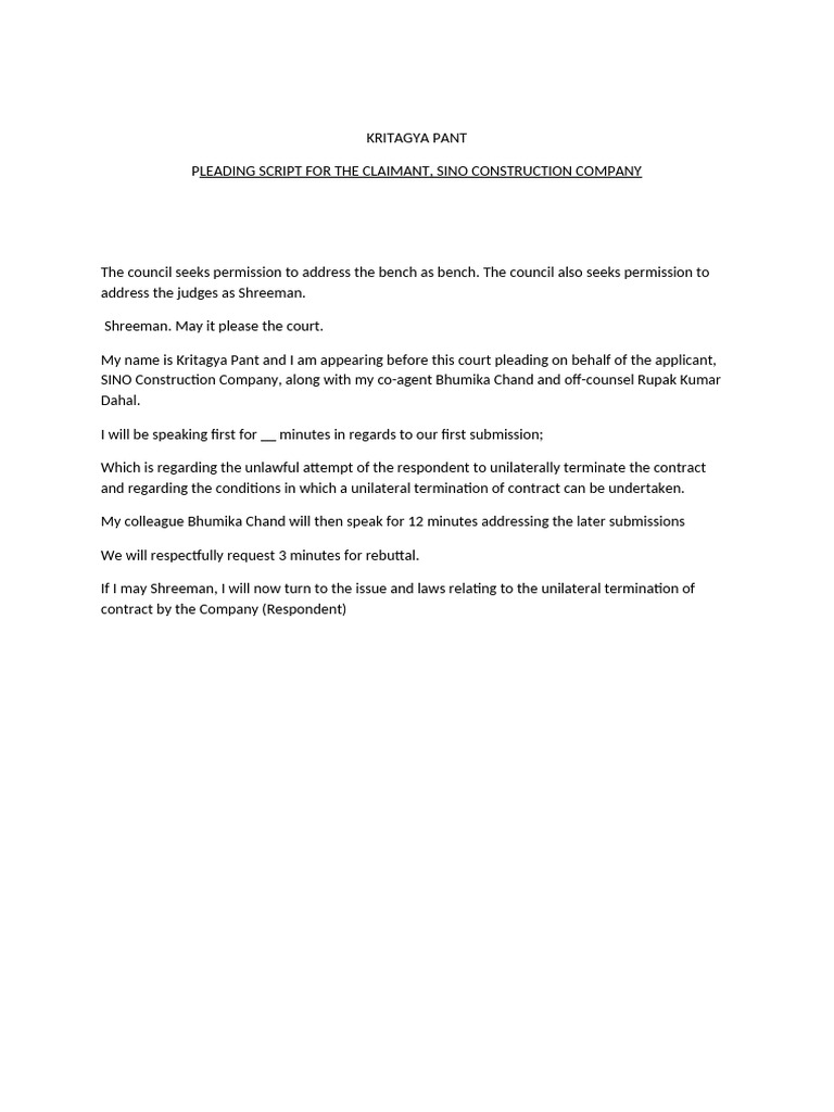 Pleading Script For Contractor | PDF | Civil Law (Legal System) | Private Law