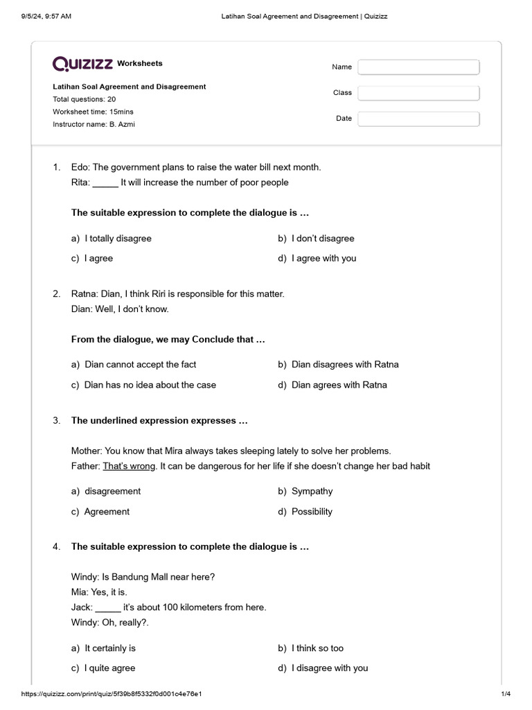 Agreement and Disagreement Exercises | PDF