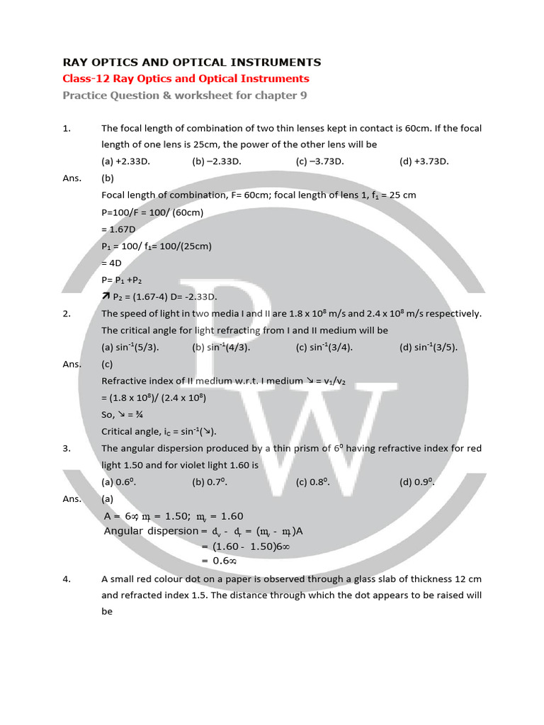 Practice Question & Worksheet For Chapter 9: Class-12 Ray Optics and ...