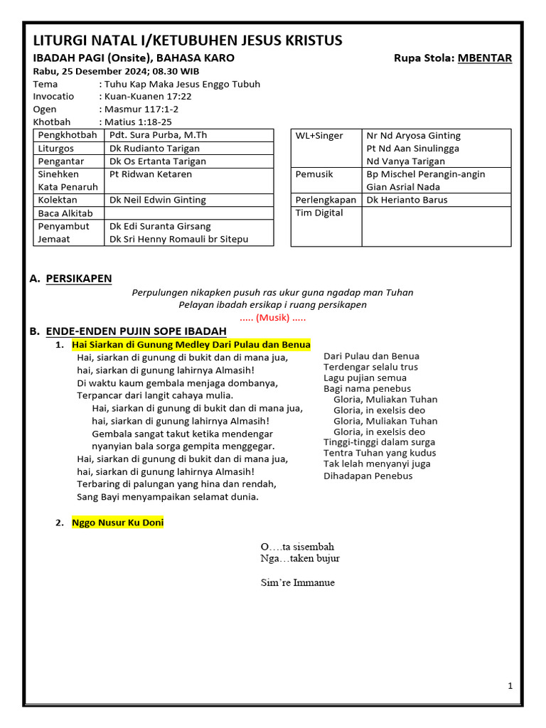 Liturgi 25 Desember 2024 (Pagi), IBADAH NATAL (Karo) | PDF