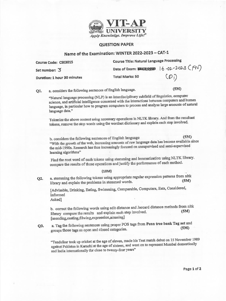 Cse3015 NLP QP | PDF