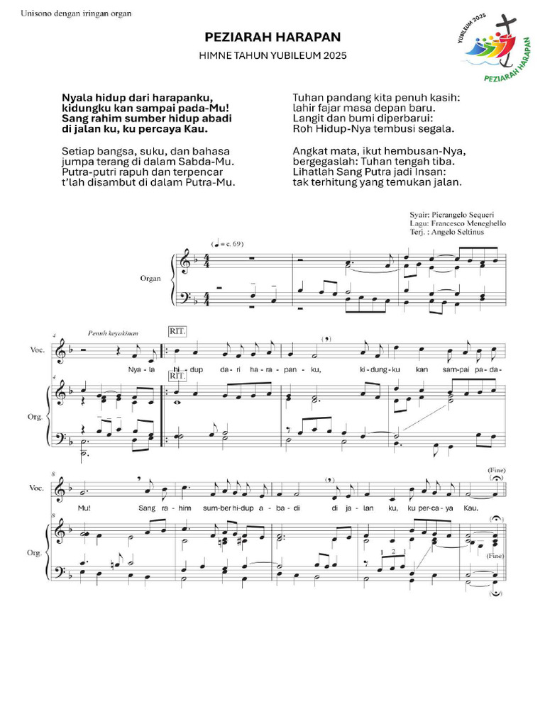 Peziarah Harapan - Himne Yubileum 2025 - Not Balok - Unisono - Bahasa Indonesia | PDF