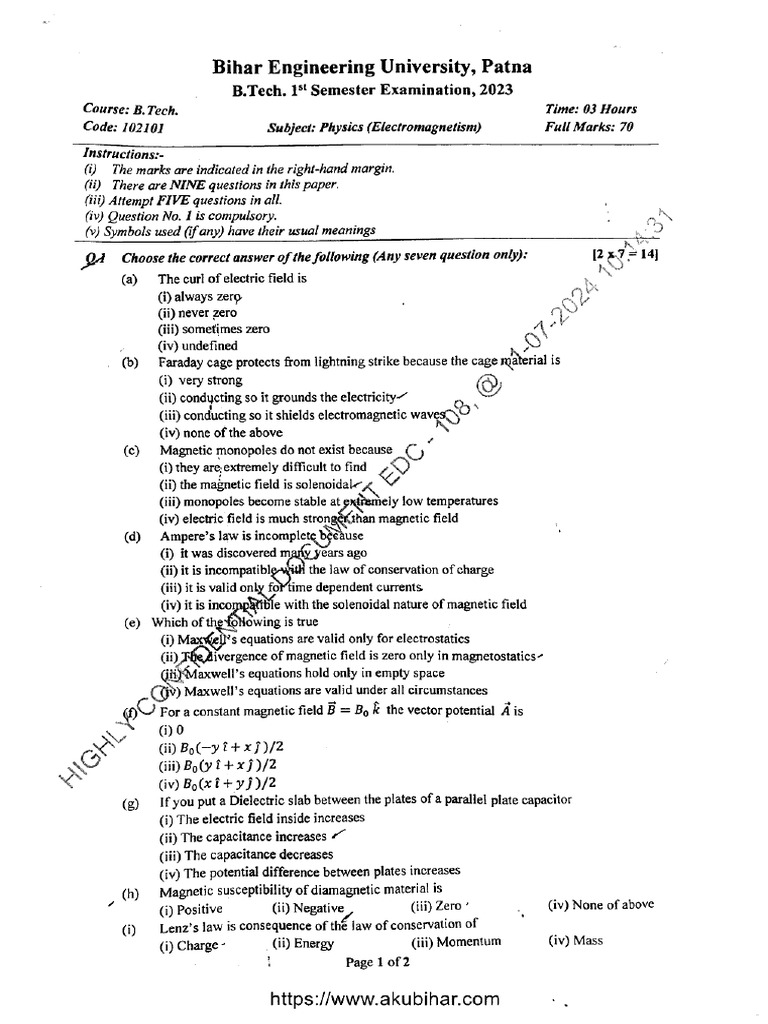 Btech 1 Sem Physics Electromagnetism 102101 2023 | PDF