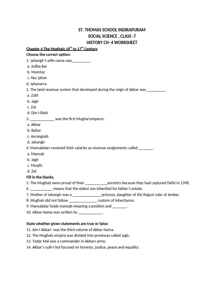 cl7_his_ch4_mughal_empire_worksheet | PDF | Mughal Empire
