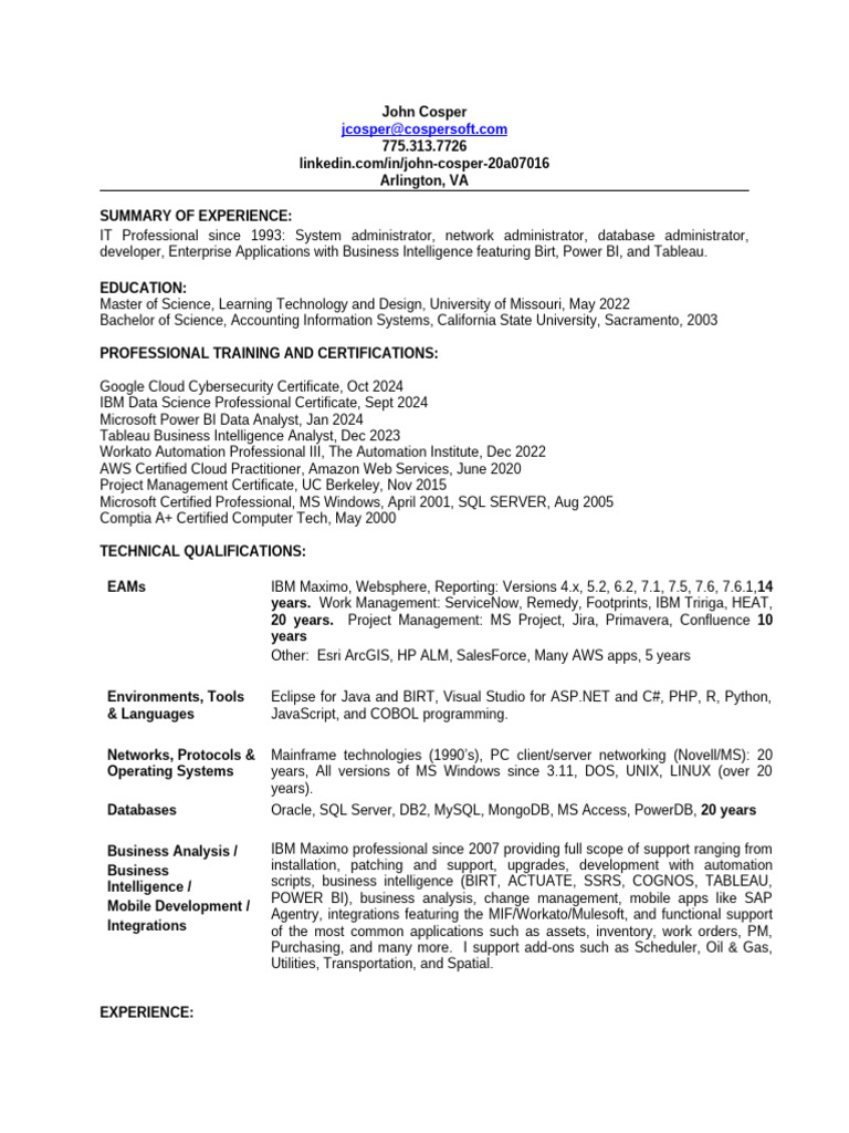 JohnCosper_Maximo_Resume | PDF | Databases | Microsoft Sql Server