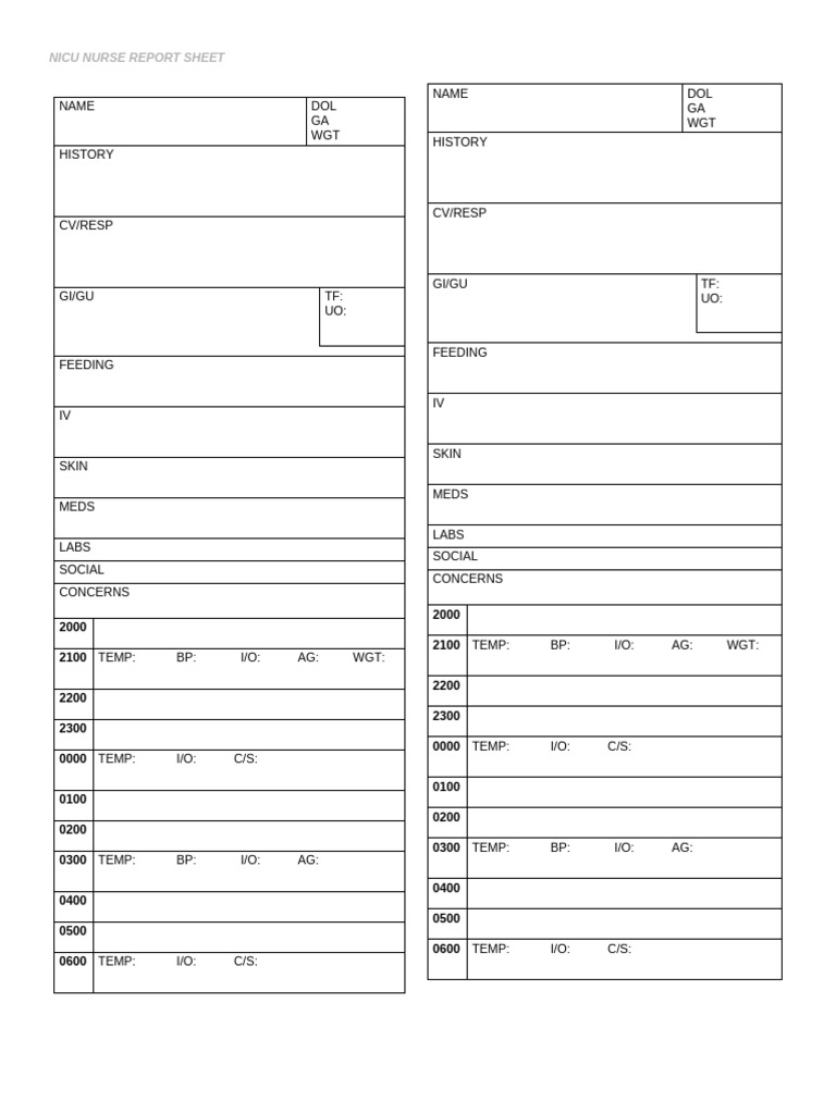 NICU Nurse Report Sheet Template | PDF
