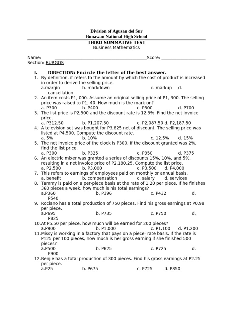 Summative Test BM 2ND Quarter | PDF | Overtime | Salary