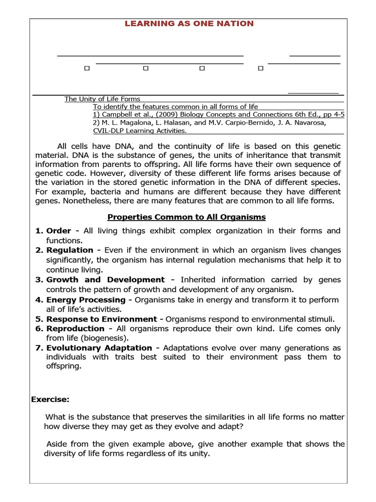 Earth - Life Science LAS 18 Unity of Life Forms | PDF | Organisms ...