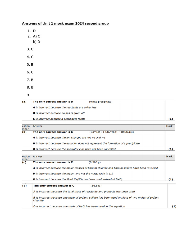 Answers To Unit 1 Mock Exam Second Group 2024 | PDF