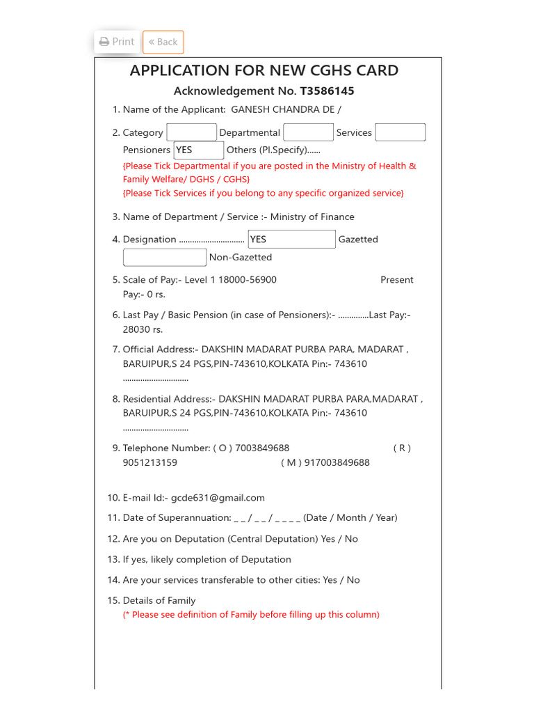 Application For New CGHS Card | PDF