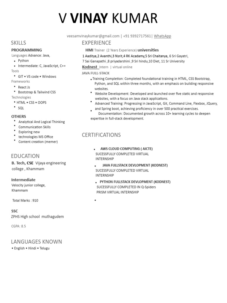 Vinay Crt Resume | PDF | Bootstrap (Front End Framework) | Computing