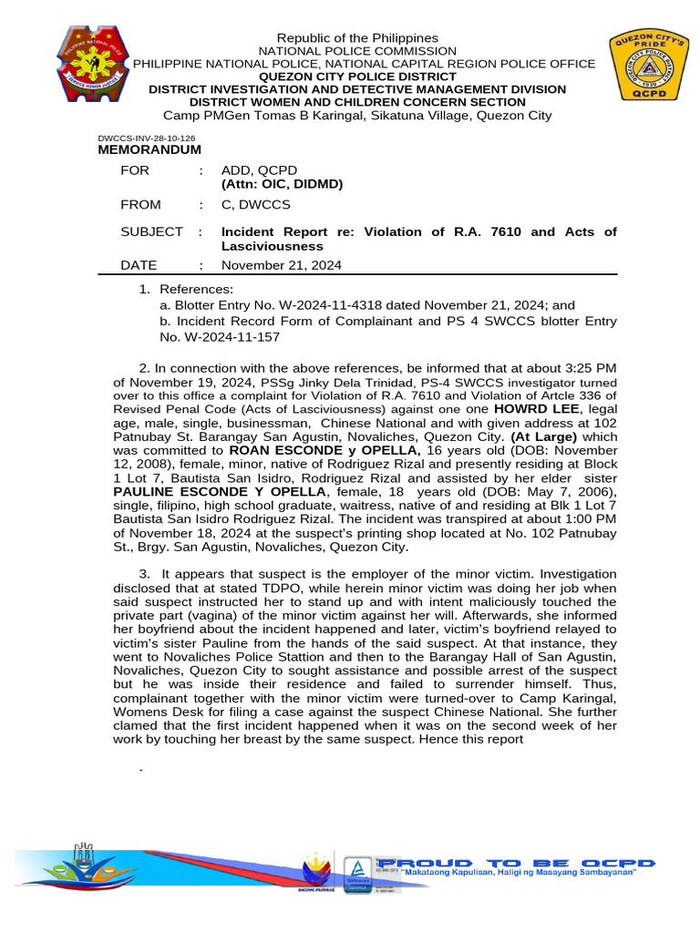 Incident Report: R.A. 7610 Violation | PDF | Common Law | Crime & Violence