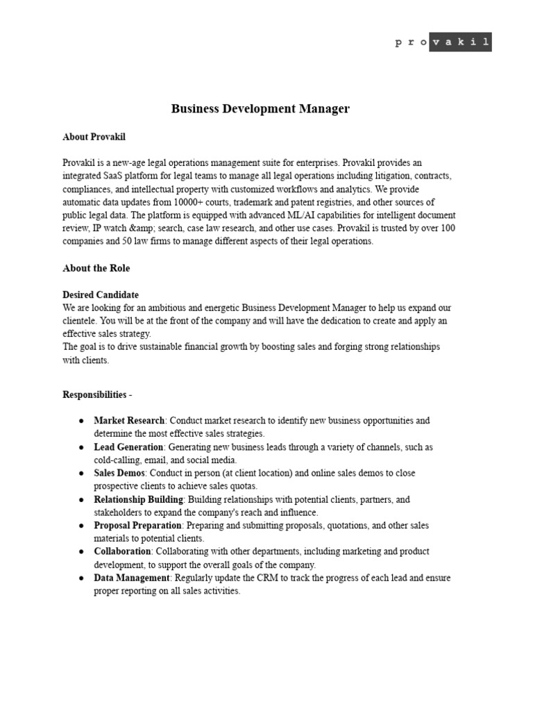 Business Development Manager at Provakil | PDF | Business Development ...