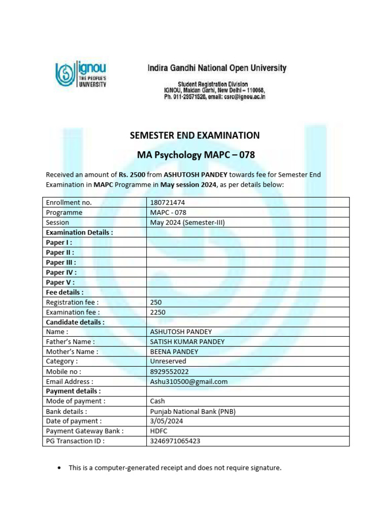 IGNOU Semester Exam Fee Receipt | PDF