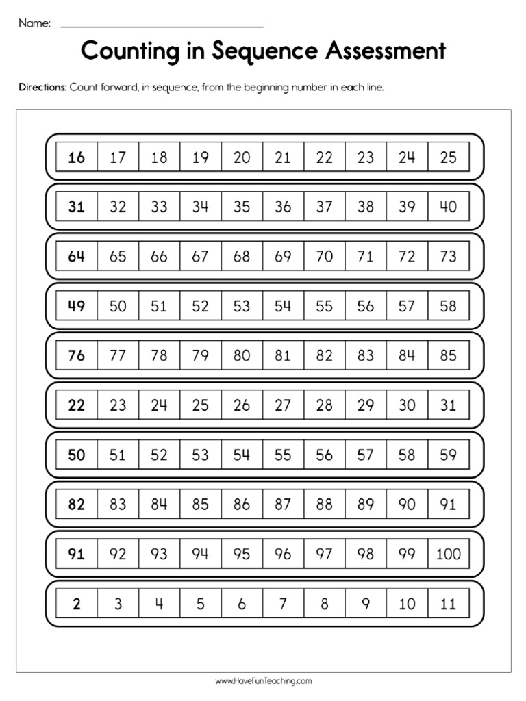 Counting In Sequence Assessment Worksheet | PDF