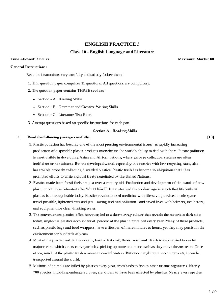 English Practice Paper 10 - 3 | PDF | Plastic | Sea