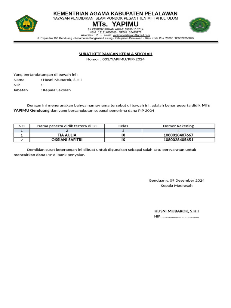 SURAT PENGANTAR PIP 2024 | PDF