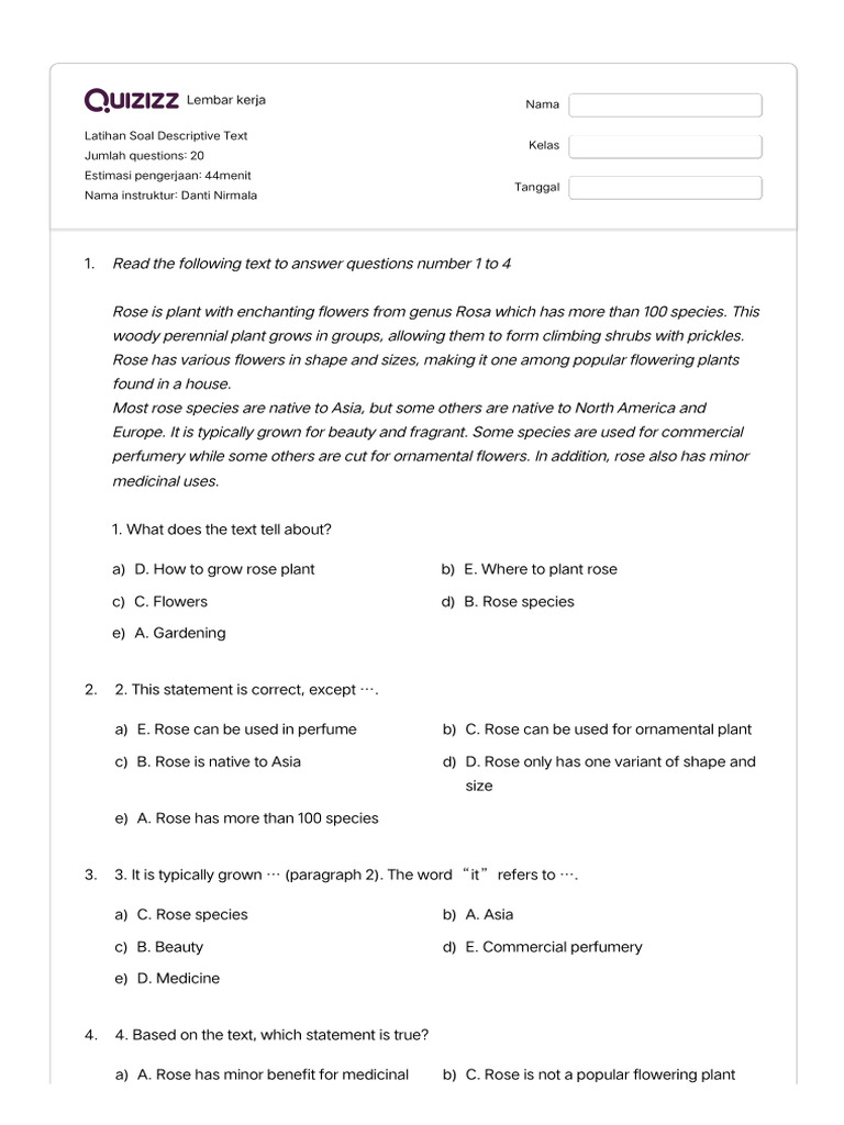 Descriptive Text Worksheet: 20 Questions | PDF | Rose | Indonesia