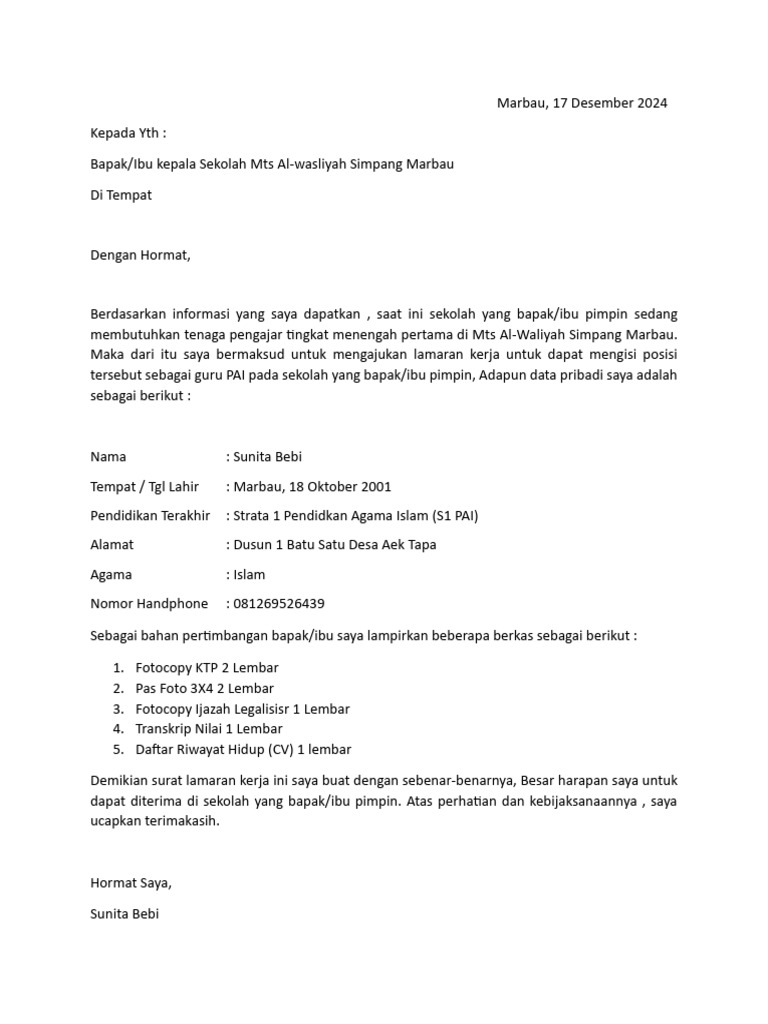 Lamaran Kerja Guru PAI di MTs Al-Wasliyah | PDF