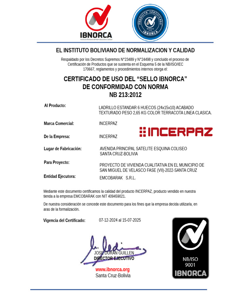 Certificado IBNORCA Ladrillo Incerpaz | PDF