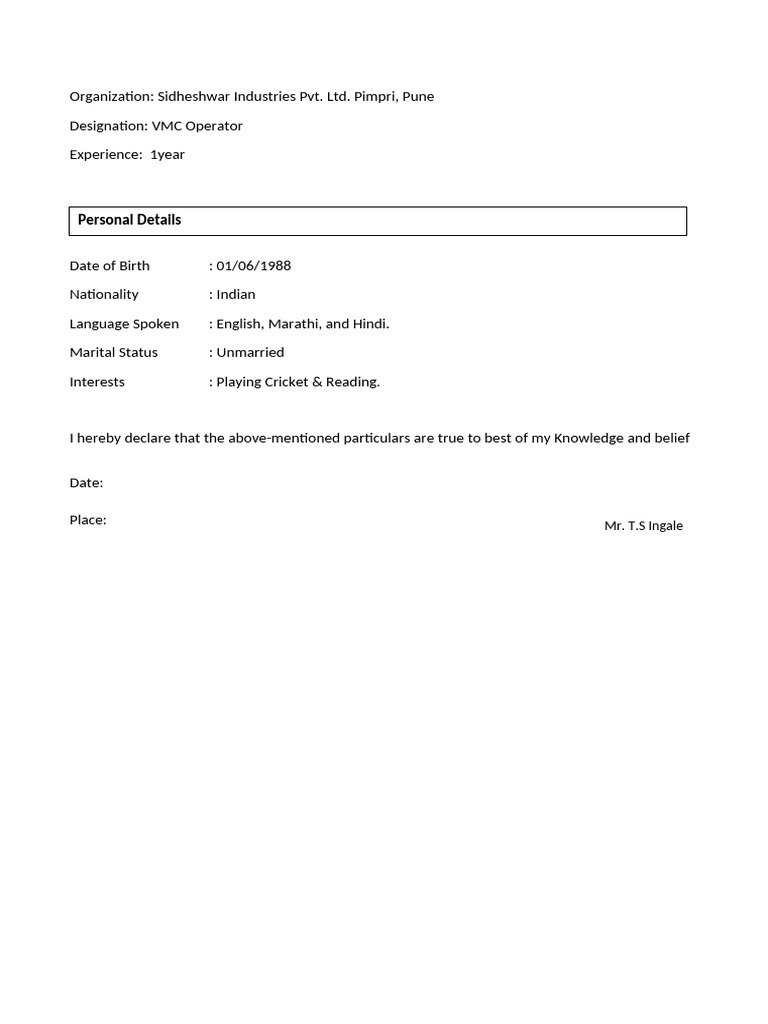 VMC Operator Resume - T.S. Ingale | PDF