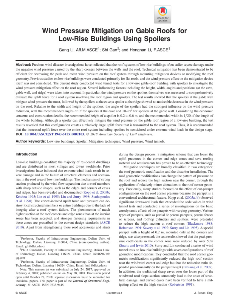 Li Et Al 2018 Wind Pressure Mitigation On Gable Roofs For Low Rise ...