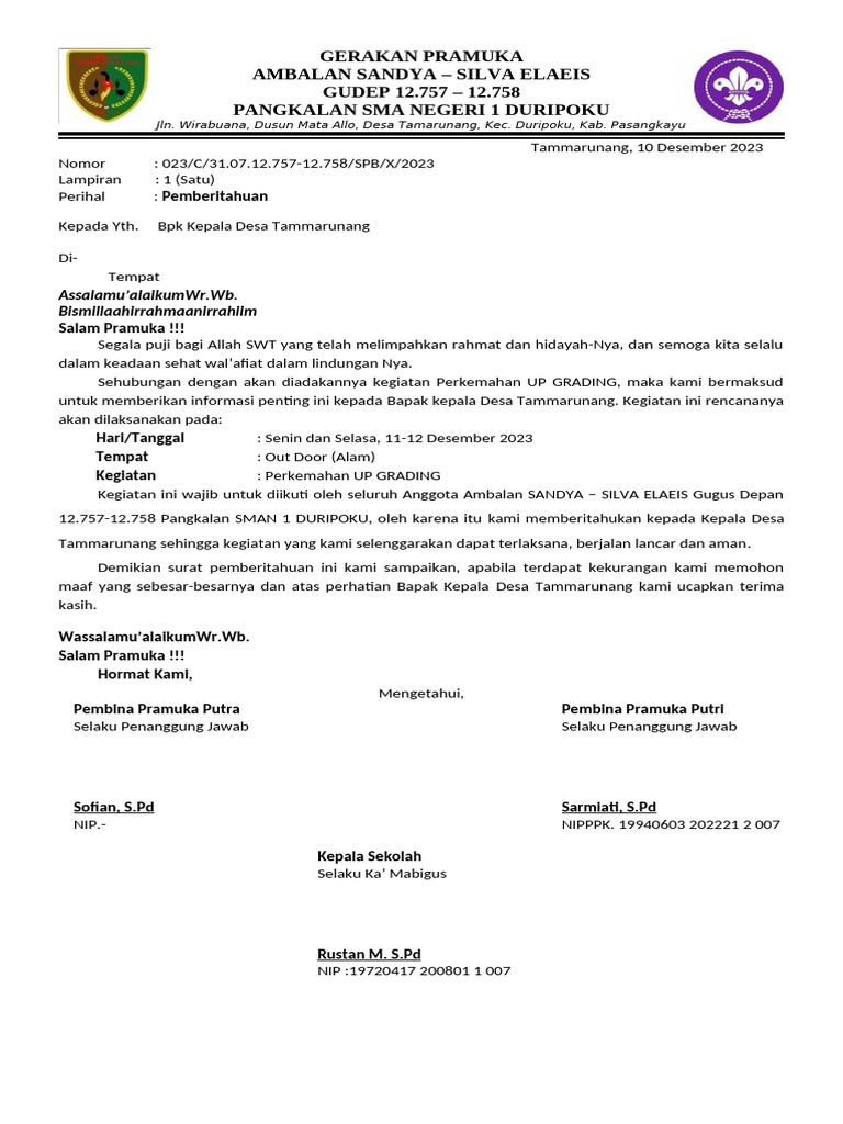 SURAT PEMBERITAHUAN PRAMUKA | PDF