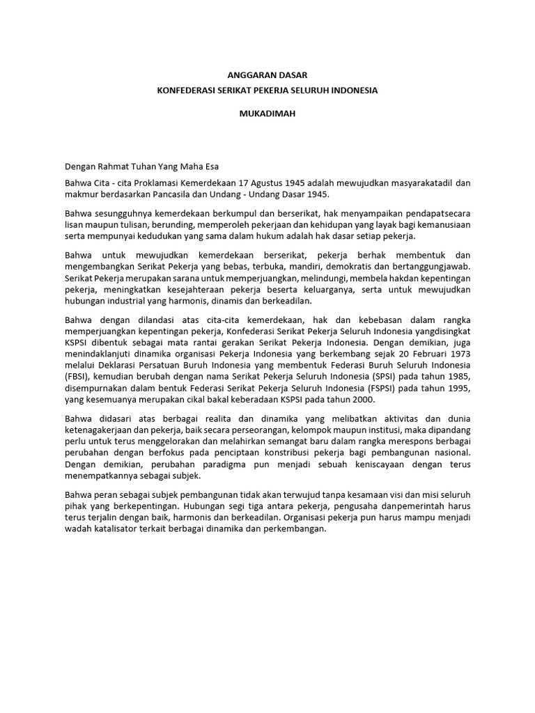 Anggaran Dasar Kspsi | PDF