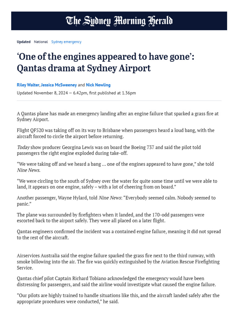 Sydney Airport Fire - Qantas Plane Makes Emergency Landing After Engine ...
