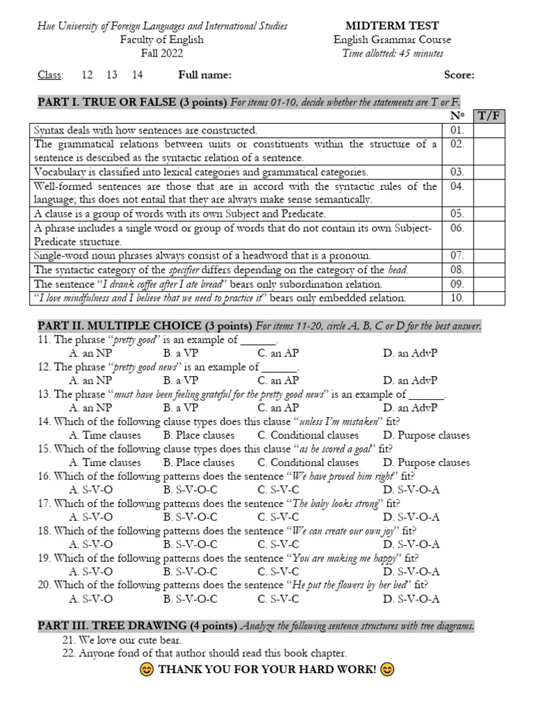 22 23 Grammar MidtermTest | PDF | Syntax | Phrase