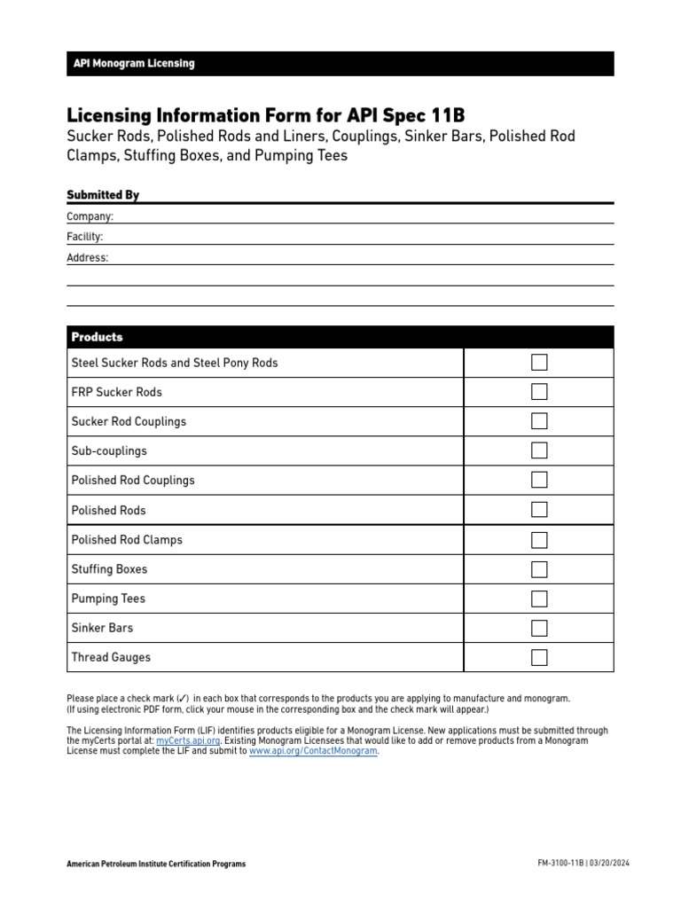 API 11B Licensing Information Form 20240328 | PDF