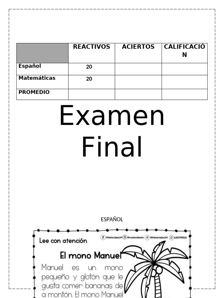 Examen Final: Español y Matemáticas | PDF