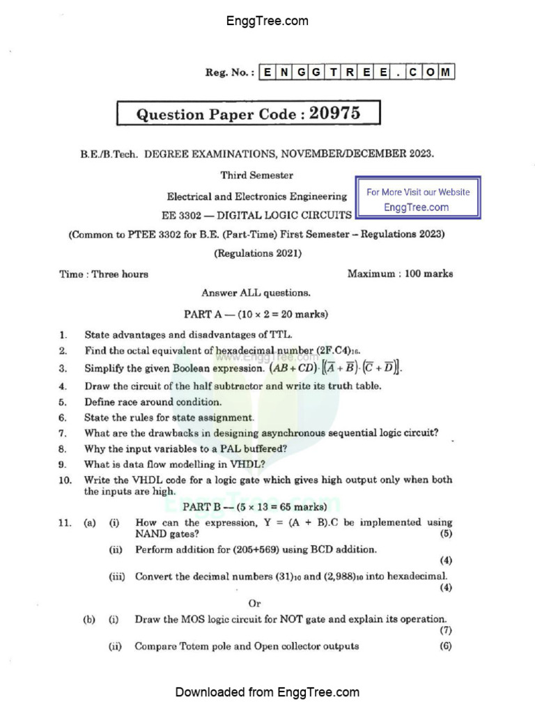 EE3302 Digital Logic Circuits Nov Dec 2023 Question Paper Download | PDF