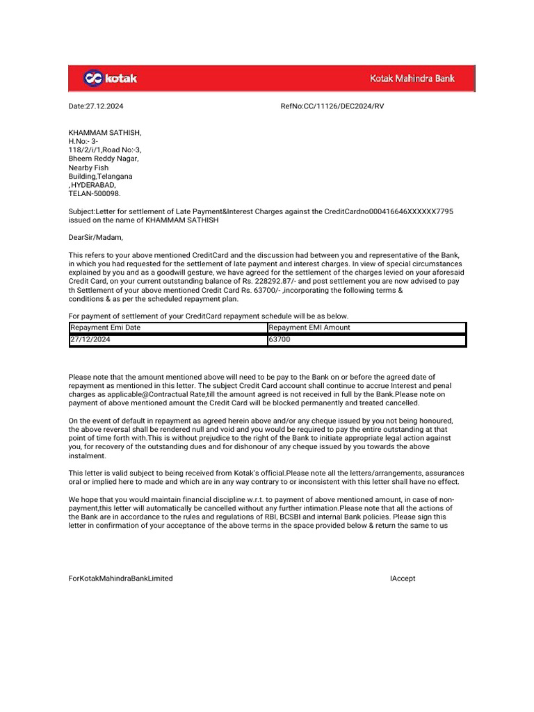 Kotak Credit Card Settlement Agreement | PDF | Credit Card | Payments