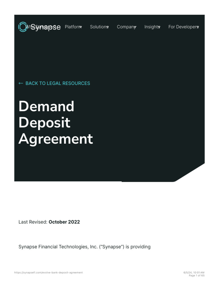 Evolve Deposit Agreement - Synapse | PDF | Cheque | Debit Card