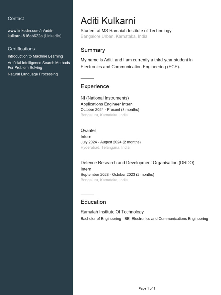 Aditi Kulkarni's Engineering Resume | PDF