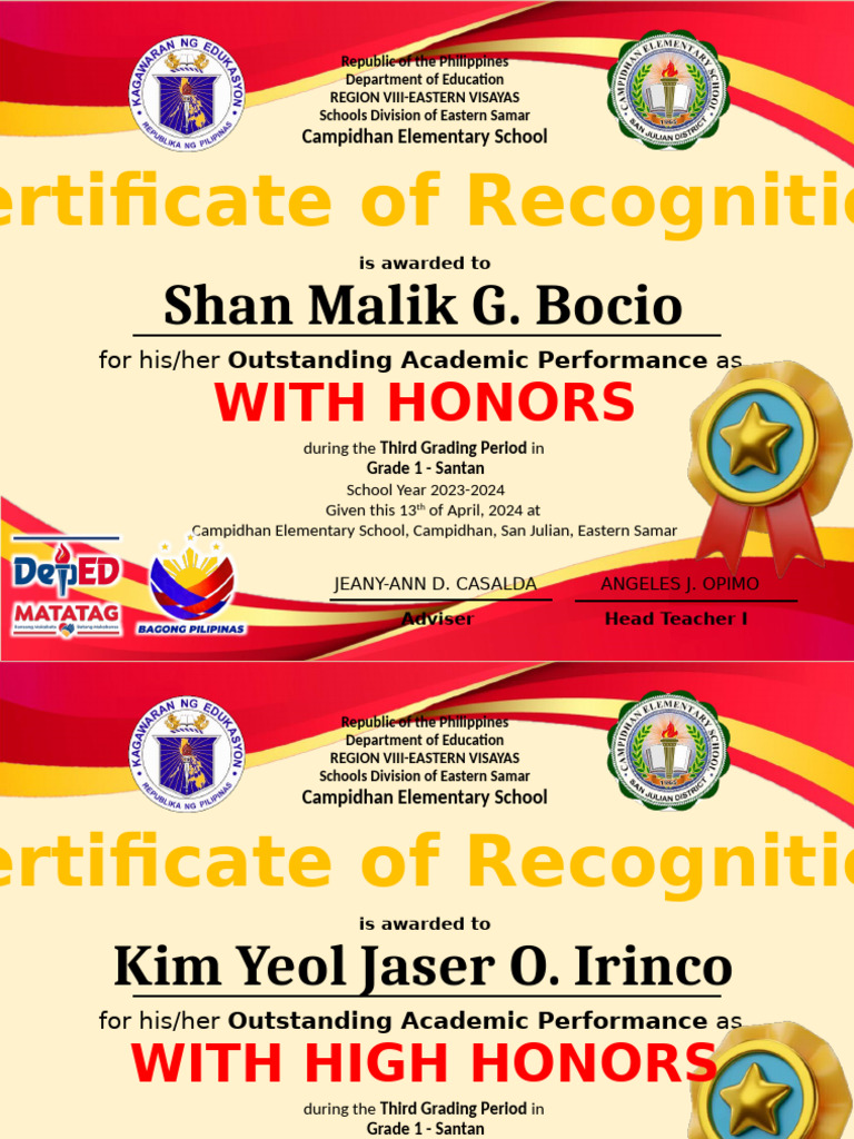 3RD QUARTER Certificates (Grade 1) | PDF | Philippines