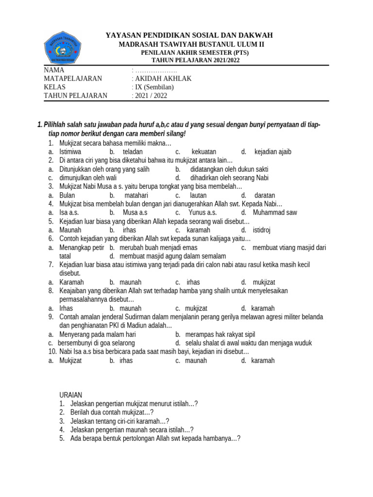SOAL PTS 2021-2022 K8 | PDF