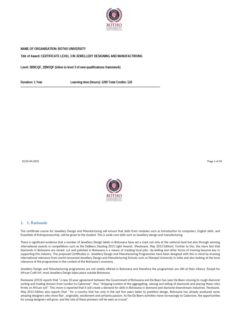 1 Year-Certificate in Jewellery Design & Manufacturing | PDF | Learning ...