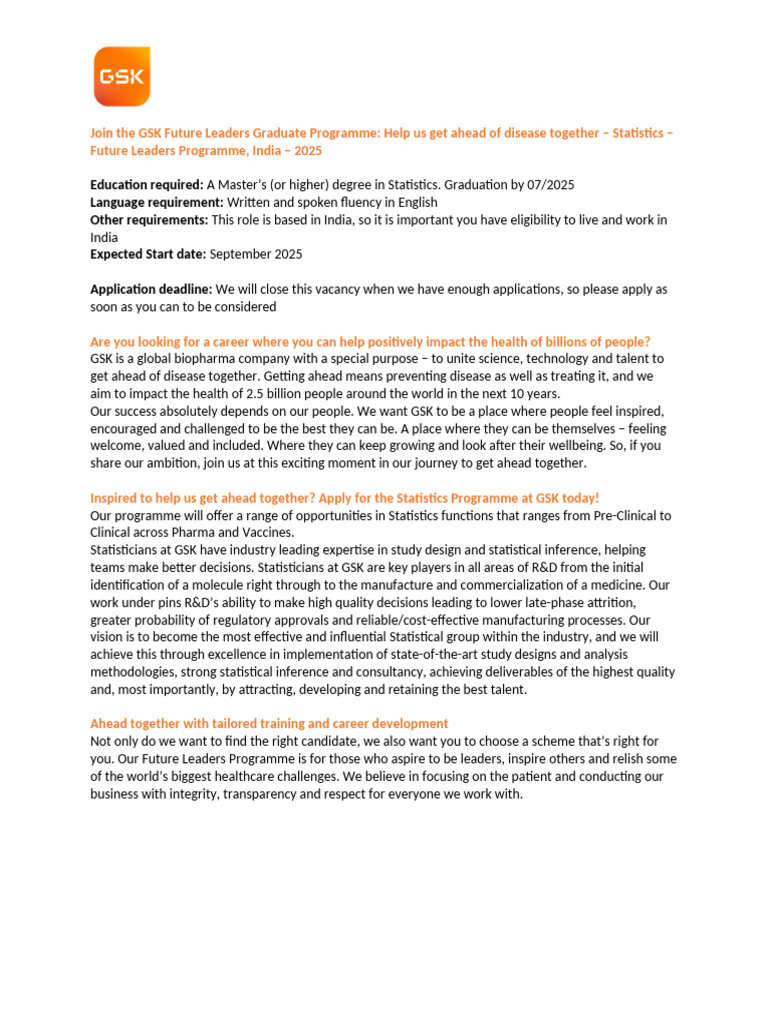 GSK BIOS - Future Leaders Graduate Programme | PDF | Clinical Trial ...