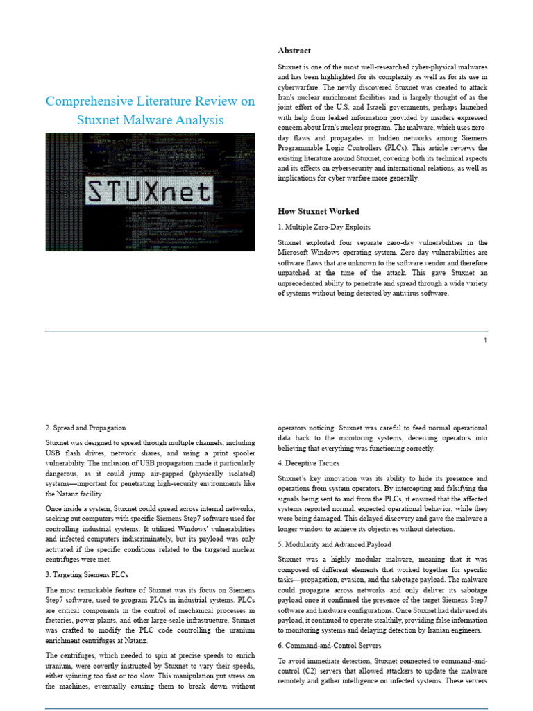 Comprehensive Literature Review on Stuxnet Malware Analysis | PDF | Cyberwarfare | Security