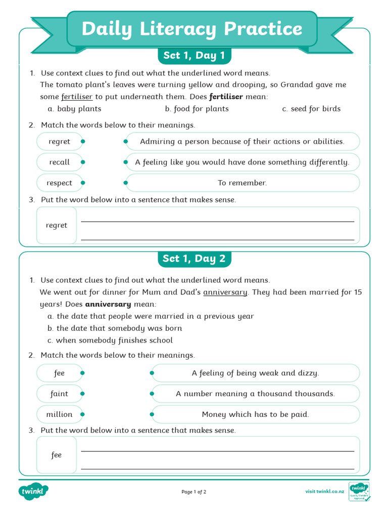Daily Literacy Practice Worksheets | PDF