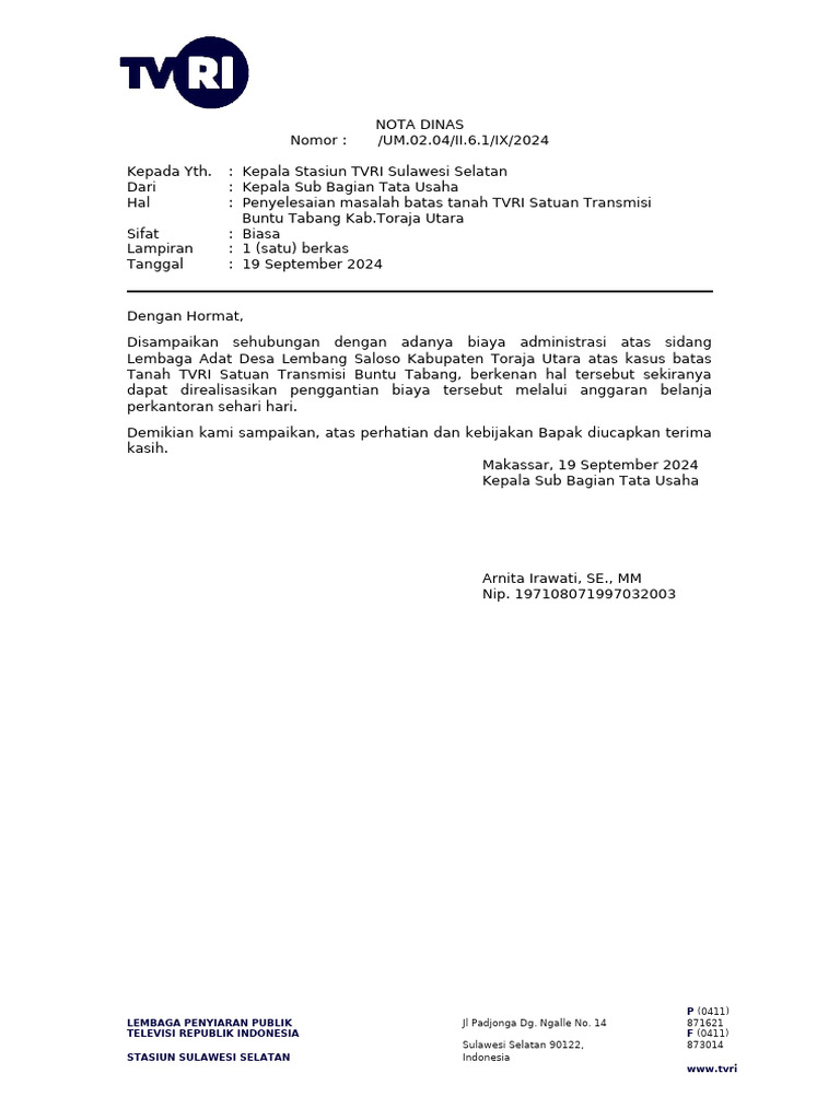 NOTA DINAS.Internal (TU) | PDF