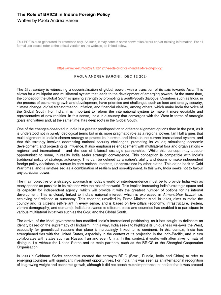 BRICS Influence on India's Foreign Policy | PDF | Bric | International ...