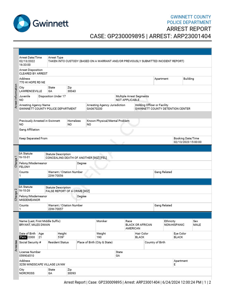 GCPD Arrest Report GP230009895 R | PDF | Arrest | Arrest Warrant