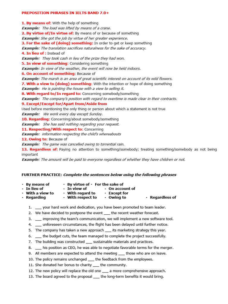 Preposition Phrases in Ielts 7.0+ | PDF